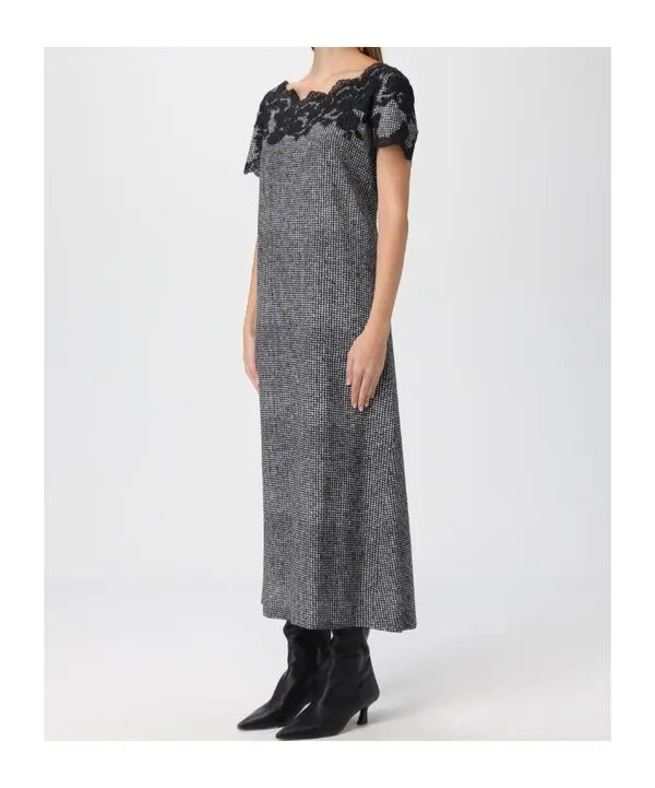 Ermanno Scervino Short Sleeve Lace Trimmed Plaid Maxi Dress