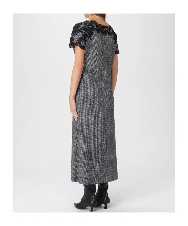 Ermanno Scervino Short Sleeve Lace Trimmed Plaid Maxi Dress
