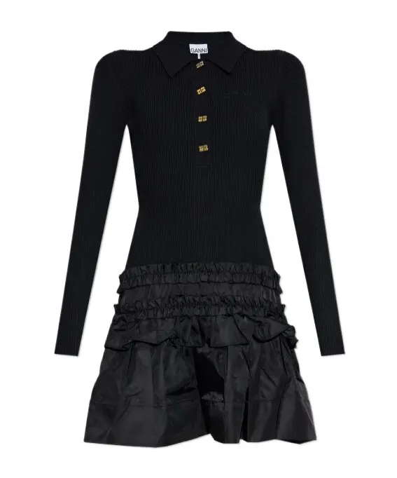 GANNI Rib Knit Ruffle Mini Dress
