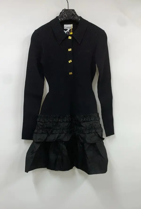 GANNI Ribbed Knit Mini Dress With Ruffles