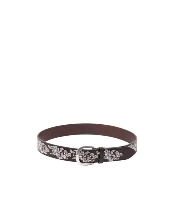 ORTIGNI Bull Leather Belt With Floral Details And Interlocking Rings - Brown