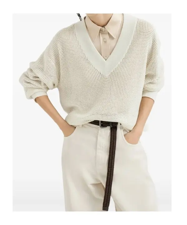 Brunello Cucinelli V-neck Mesh Knit Sweater