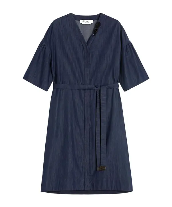 Max Mara V-neck Embellished Belted Denim Mini Dress - Night Blue