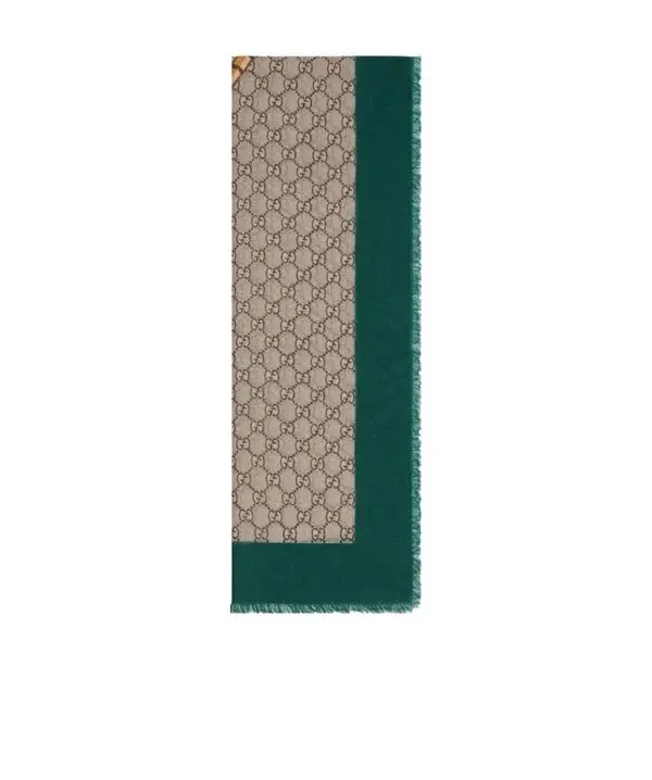 Gucci Nude And Green Tiger Web Print Wool Stole - White