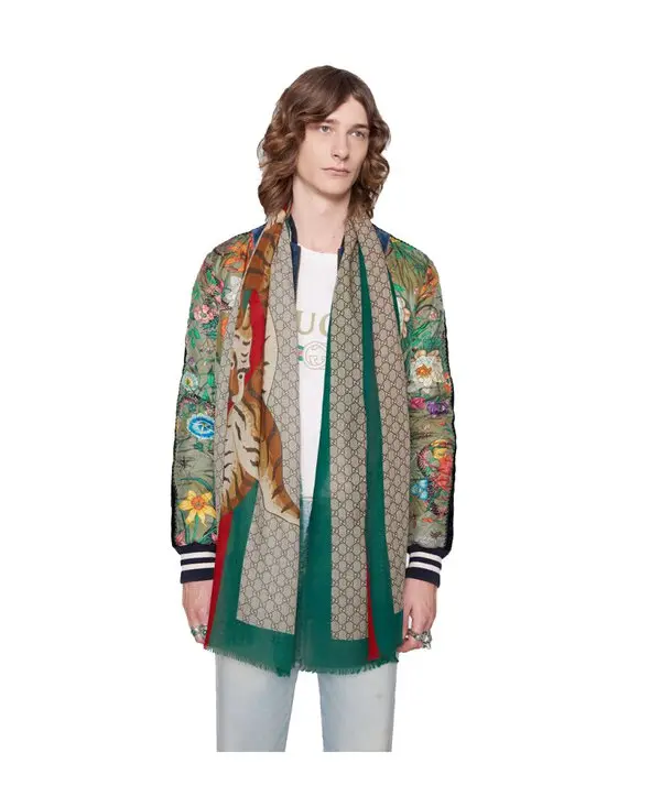 Gucci Nude And Green Tiger Web Print Wool Stole