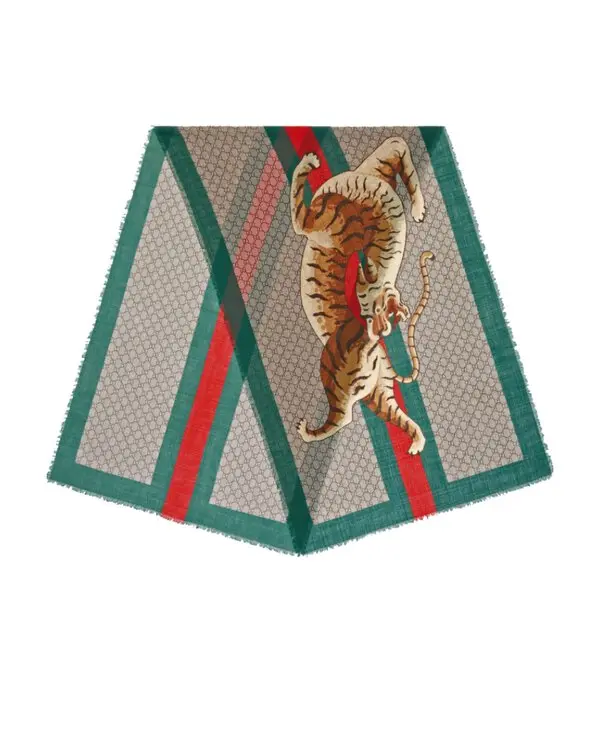 Gucci Nude And Green Tiger Web Print Wool Stole