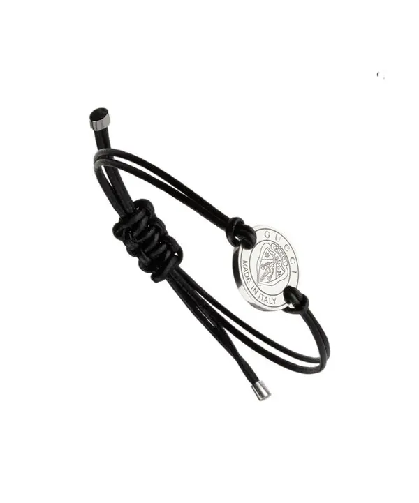 Gucci Crest Leather Cord Bracelet With Charm - Black