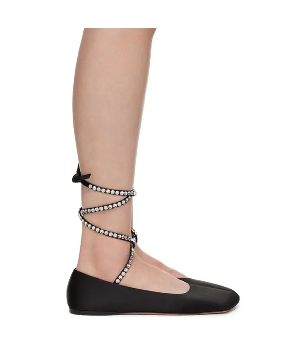 Amina Muaddi Square Toe Ballerina Flats With Crystal Ankle Wraps - Black