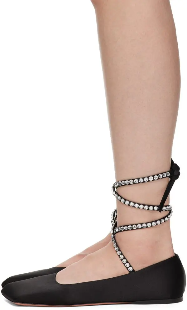 Amina Muaddi Square Toe Ballerina Flats With Crystal Ankle Wraps - Black