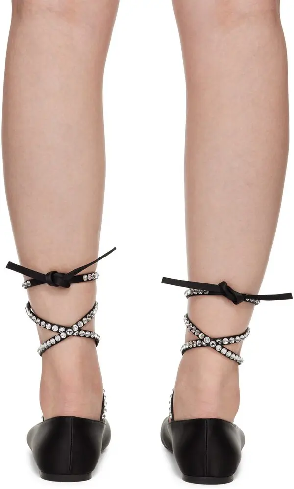 Amina Muaddi Square Toe Ballerina Flats With Crystal Ankle Wraps - Black
