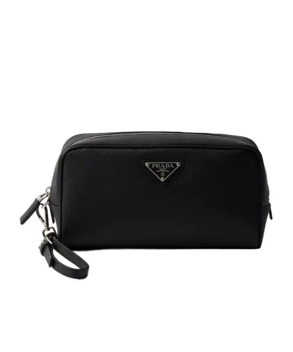 Prada Saffiano Leather Pouch With Removable Wrist Strap - Black