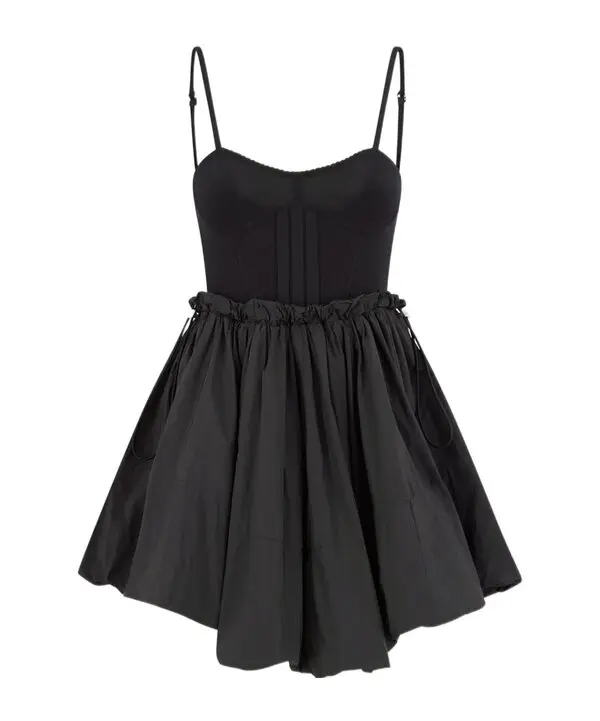 Attico Strappy Mini Dress With Drawstring Waistband And Pleated Skirt - Black