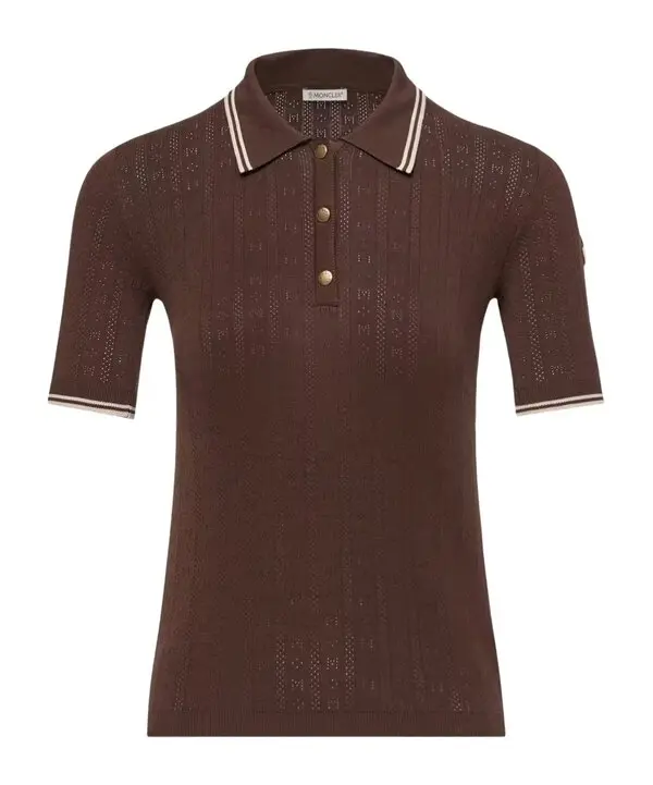 Moncler Ribbed Knit Polo Top With Logo Detail - Red