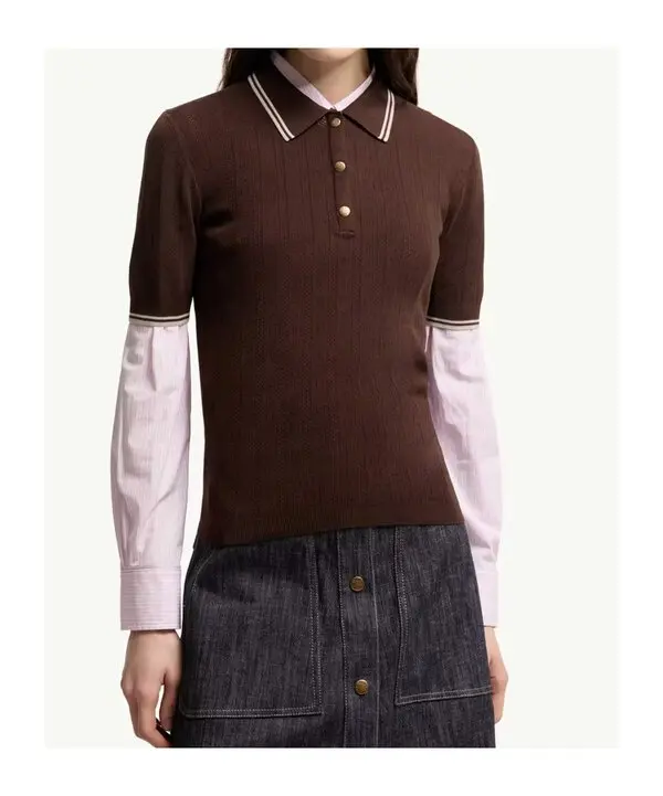 Moncler Ribbed Knit Polo Top With Logo Detail