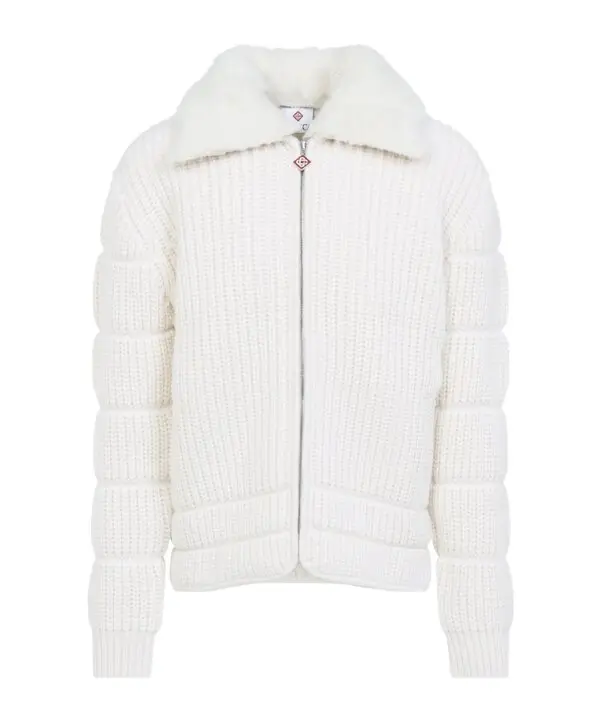 Casablanca Knitted Padded Jacket With Fur Collar - White