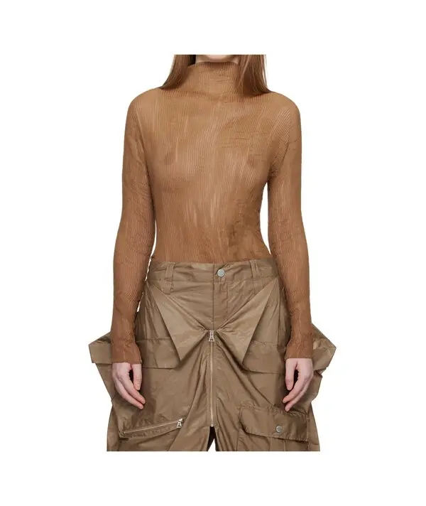 Issey Miyake Pleated Turtleneck Blouse - Brown