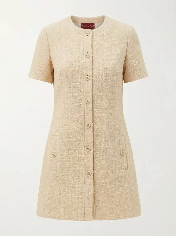 Gucci Textured Tweed Crewneck Short Sleeve Dress - Ivory