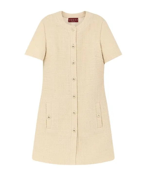 Gucci Textured Tweed Crewneck Short Sleeve Dress - Ivory