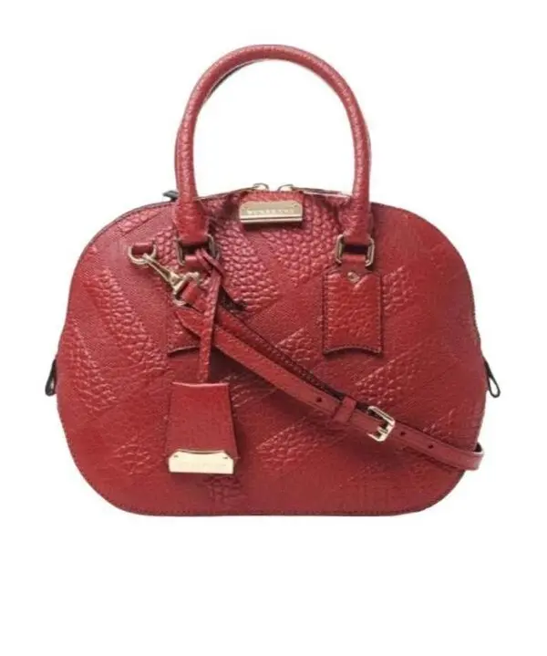 Burberry Textured Logo Leather Handbag - Red
