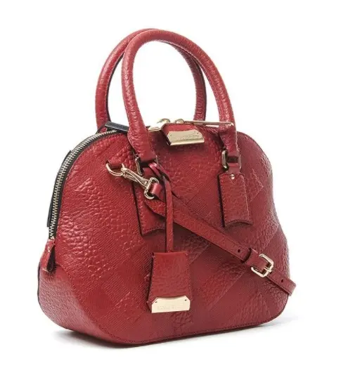 Burberry Textured Logo Leather Handbag - Red