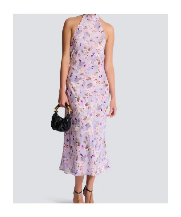 Balmain Printed Poppy Flower High Neck Dress
