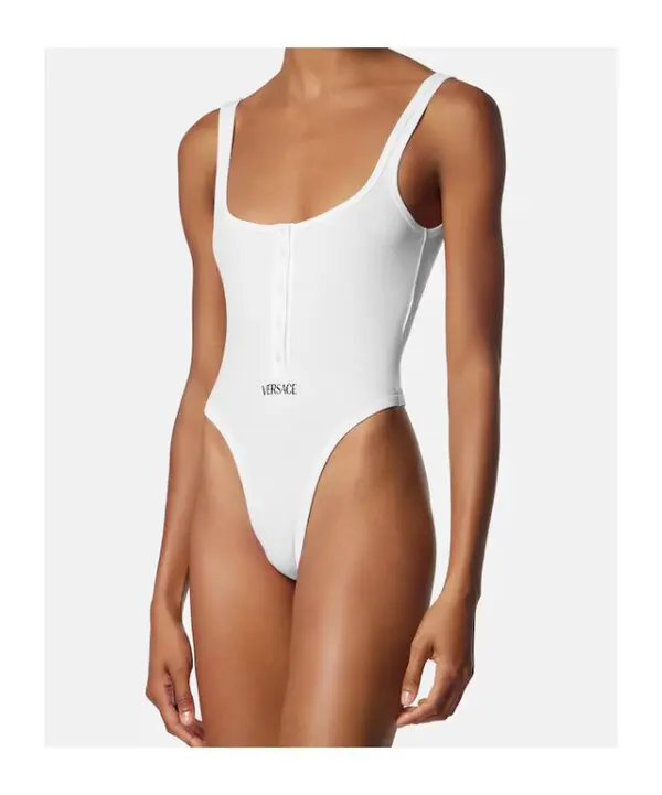 Versace Logo Embroidered Ribbed Bodysuit - White
