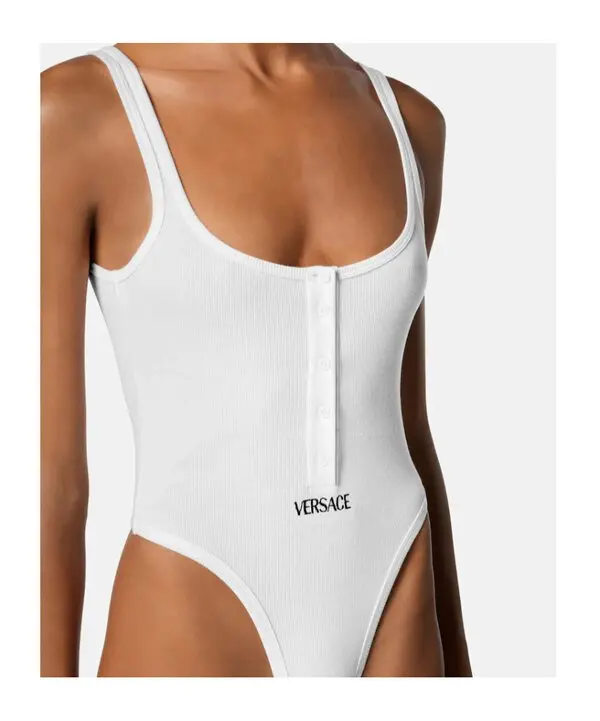 Versace Logo Embroidered Ribbed Bodysuit - White