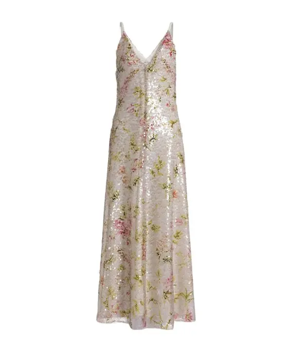 Alberta Ferretti Sequined Floral Print Maxi Dress - Nude