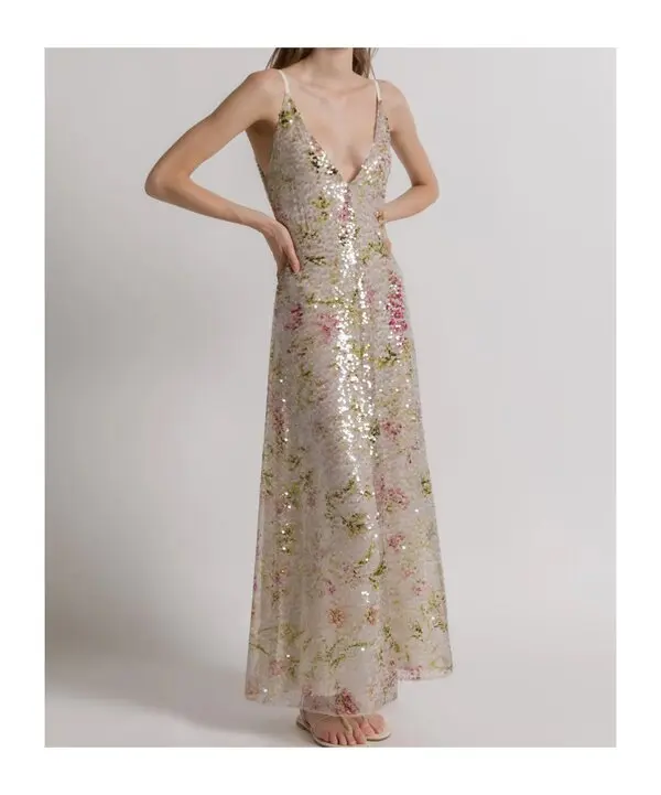 Alberta Ferretti Sequined Floral Print Maxi Dress - Nude