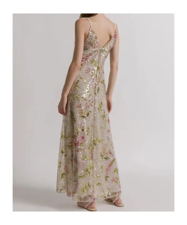 Alberta Ferretti Sequined Floral Print Maxi Dress - Nude