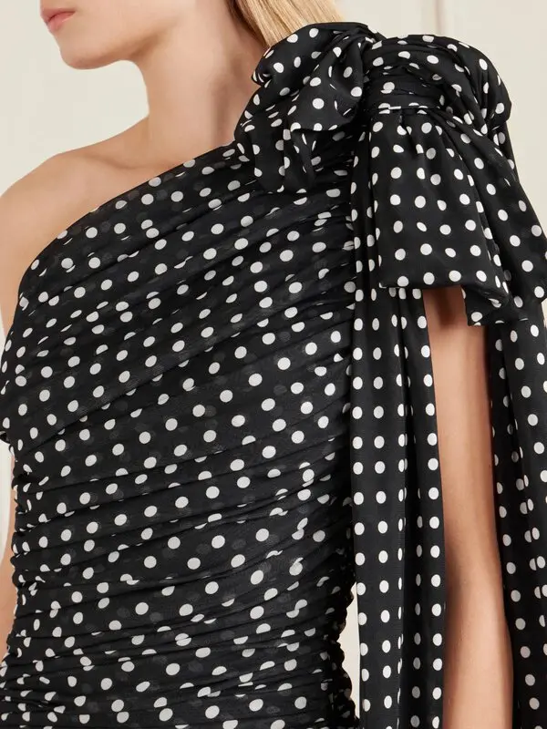 PATOU One-shoulder Draped Polka Dot Knit Mini Dress - Black