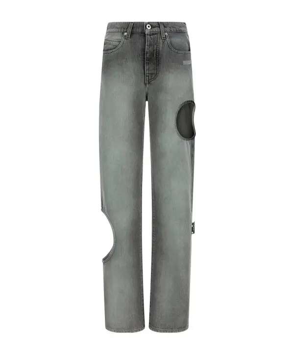 Off-White Logo Patch Straight-leg Jeans With Perforated Ring Detail - Gray