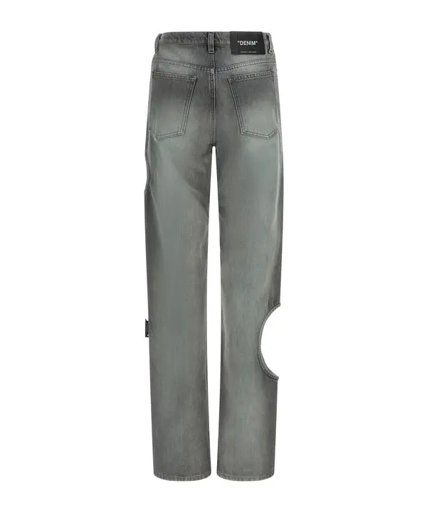 Off-White Logo Patch Straight-leg Jeans With Perforated Ring Detail - Gray
