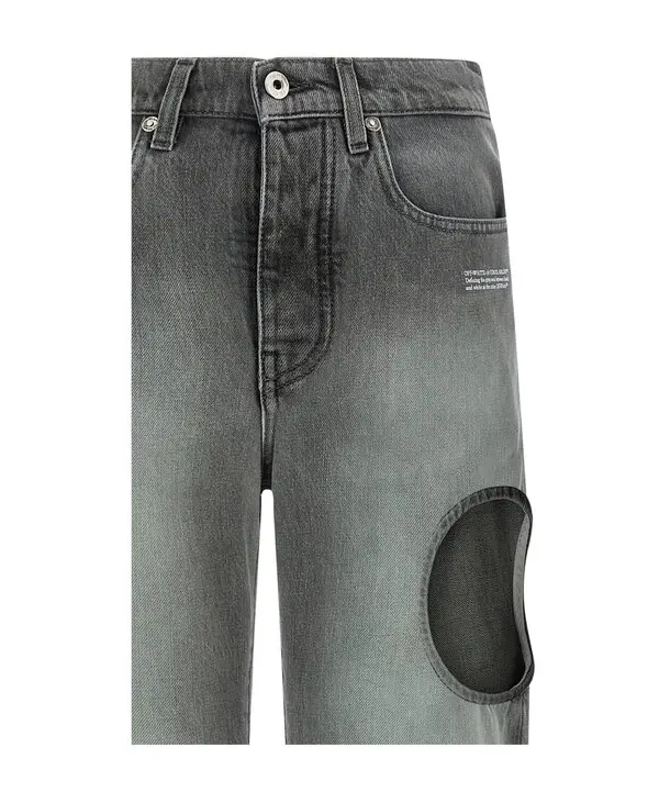 Off-White Logo Patch Straight-leg Jeans With Perforated Ring Detail - Gray