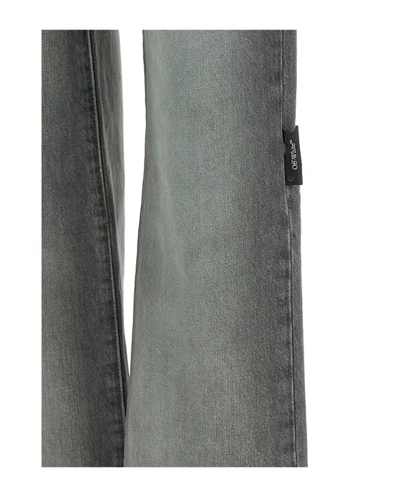 Off-White Logo Patch Straight-leg Jeans With Perforated Ring Detail - Gray