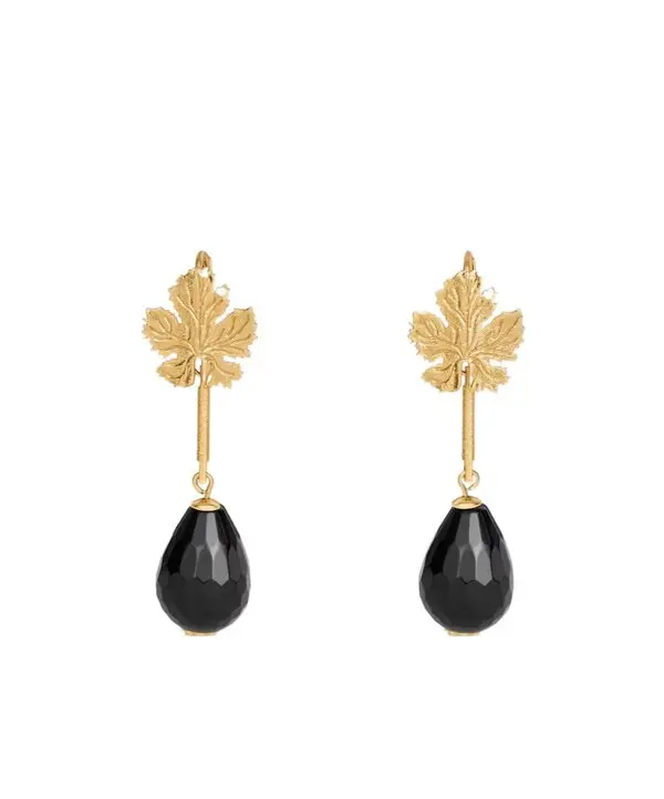 Celine Green Thumb Leaf Earring In Onyx And Brass With Gold Finish - Black/gold