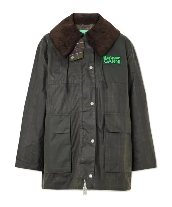 Barbour X Ganni Checked Plaid Hooded Waxed Cotton Jacket - Dark Green