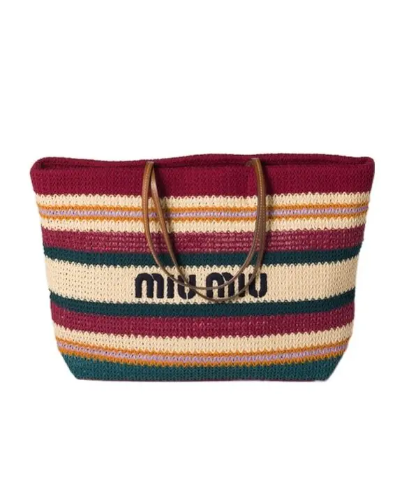 Miu Miu Raffia-effect Woven Tote Bag With Embroidered Logo - Bordeaux Red/bluish Green/natural