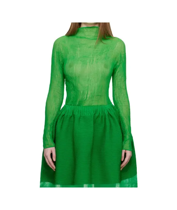 Issey Miyake Pleated Semi-sheer Turtleneck Blouse - Green