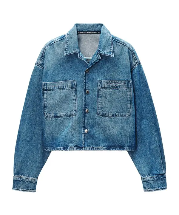 Alexander Wang Cropped Denim Shirt With Logo Pocket - Blue