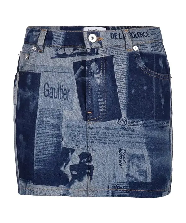 JEAN PAUL GAULTIER Belted Midi Skirt With Newspaper Print - Indigo/beige