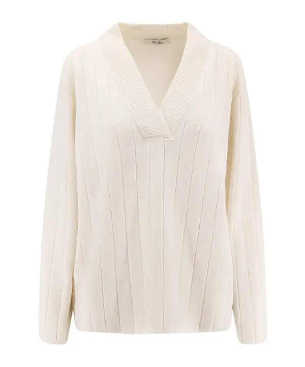 Max Mara Cashmere Yarn V-neck Sweater With Ribbed Pattern And Logo Detail