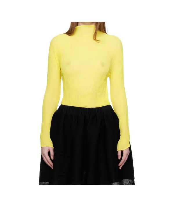 Issey Miyake Pleated Turtleneck Blouse - Yellow