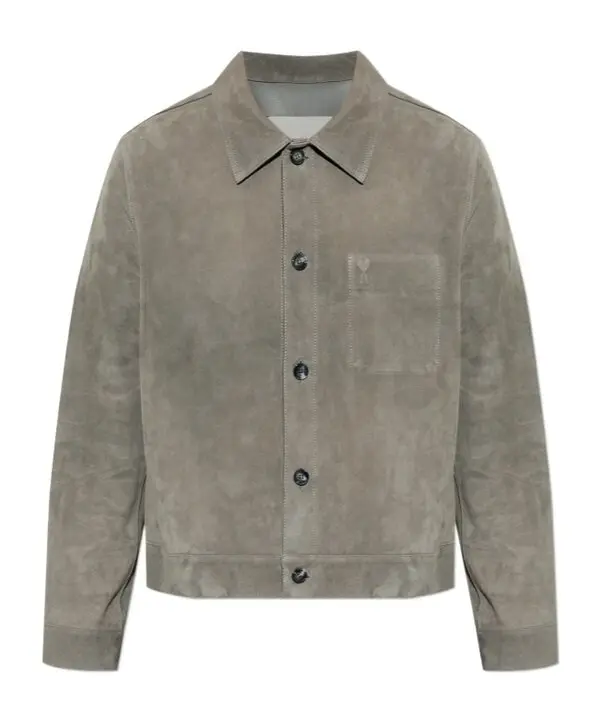Ami Logo Detailed Suede Button-up Jacket - Gray