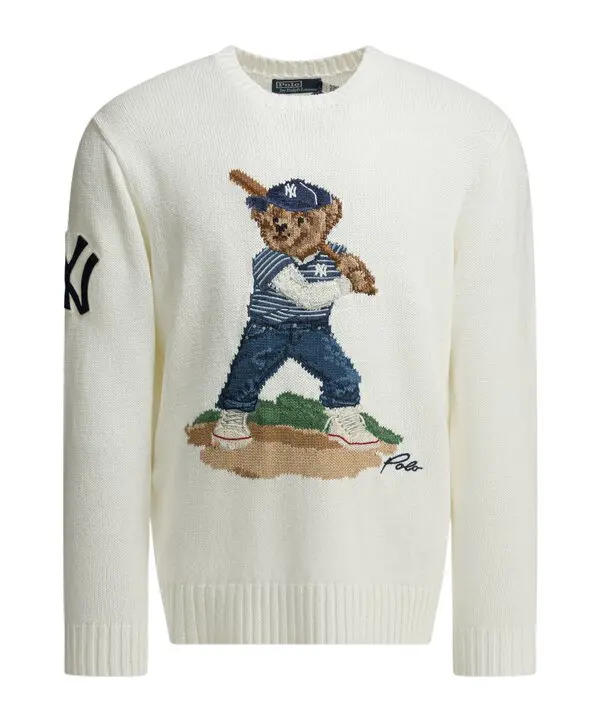 Polo Ralph Lauren Knitted Crew Neck Sweater With Embroidered Polo Bear And Ny Motif - White