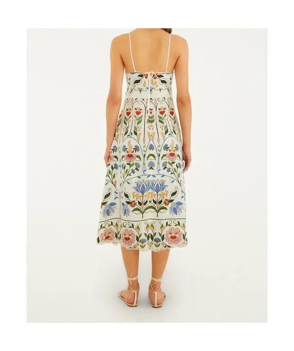 Farm Rio Embroidered Scallop-edge Midi Dress