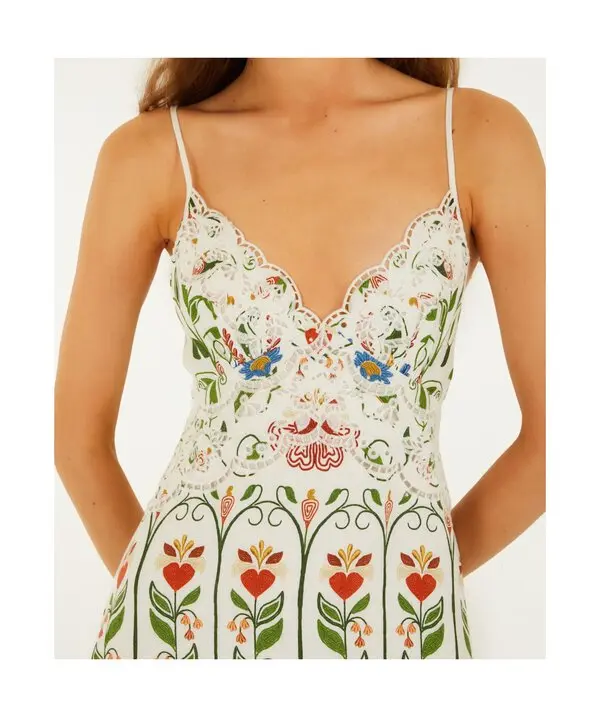Farm Rio Embroidered Scallop-edge Midi Dress