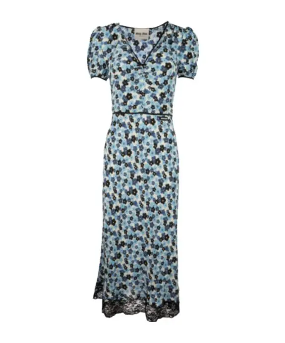 Miu Miu Floral-print Lace-trim Midi Dress - Blue