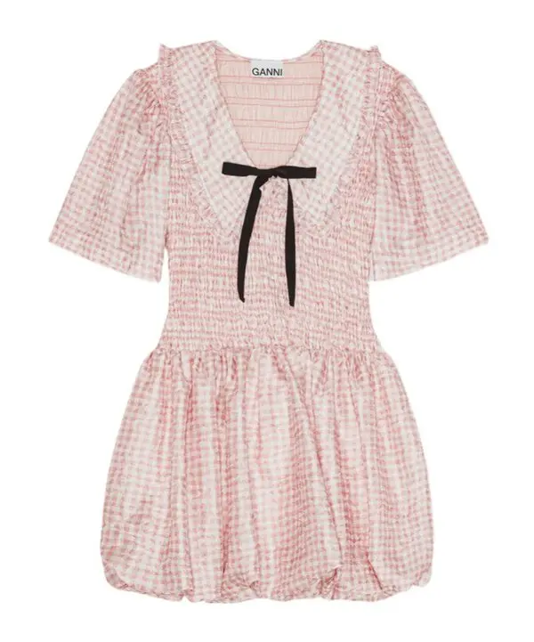 GANNI Checked Mini Dress With V-neck And Bow Detail