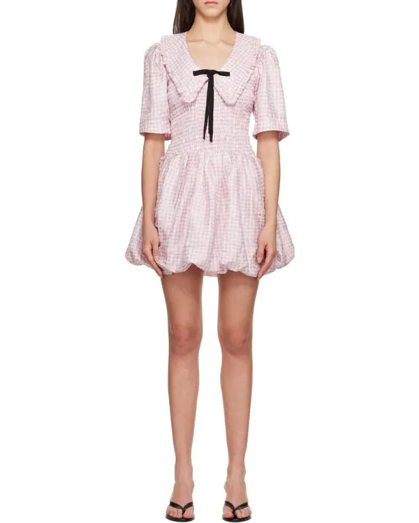GANNI Checked Mini Dress With V-neck And Bow Detail